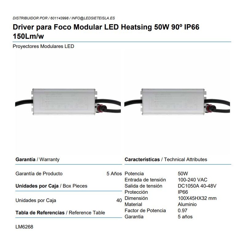 Driver para Foco Modular LED Heatsing 50W 90º IP66 150Lm/w